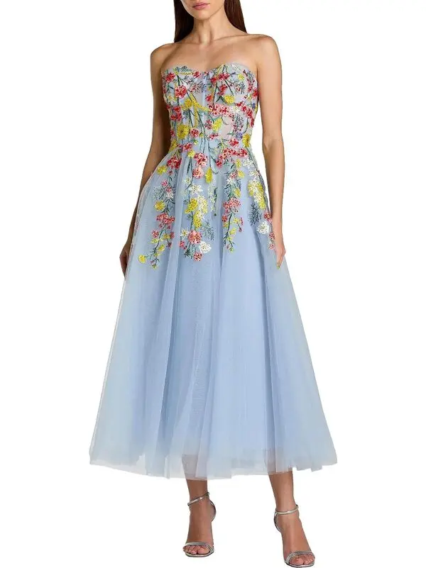 Mac Duggal Floral-embroidered Mesh Strapless Cocktail Dress - Periwinkle Multi