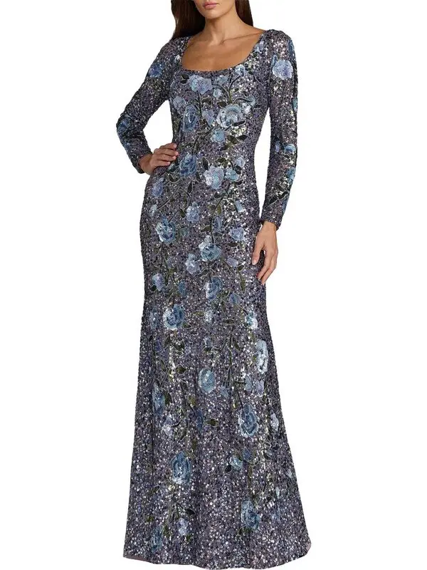 Mac Duggal Floral Beaded Mesh Gown - Hydrangea Multi