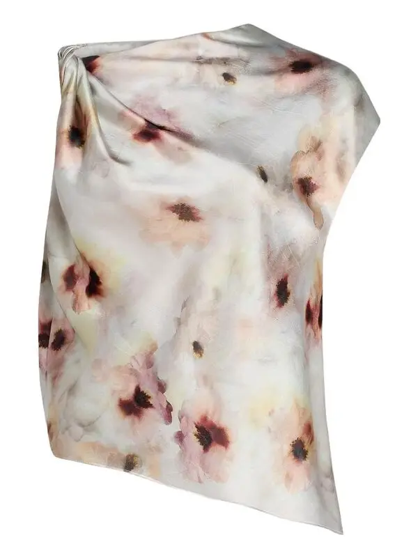 Vince Watercolor Floral Satin Twisted Asymmetric Top - Soft Peony