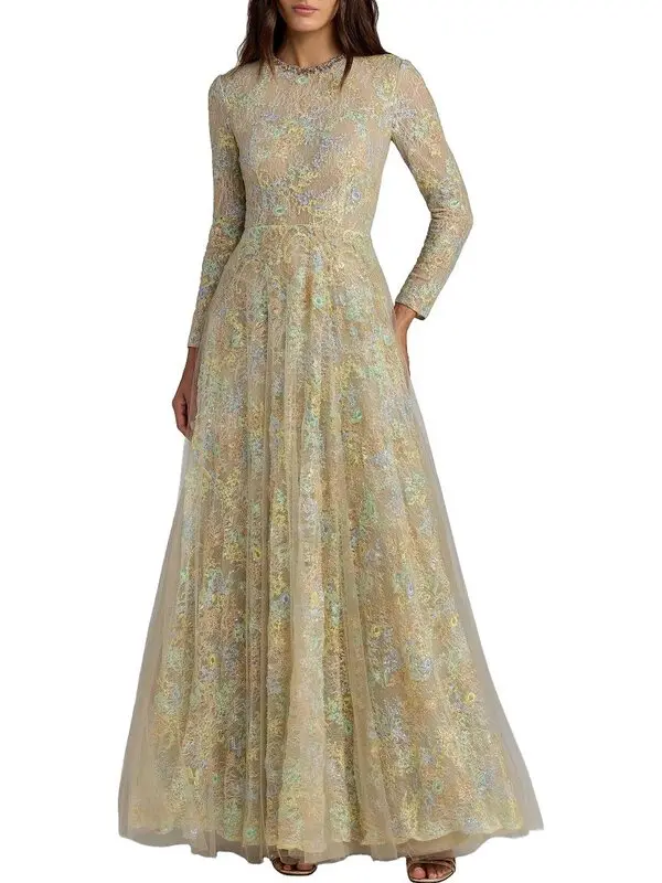 Mac Duggal Embroidered Lace Fit-&-flare Gown - Beige Multi