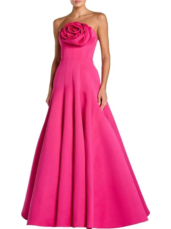 Mac Duggal Rosette Satin Strapless Ball Gown - Fuchsia