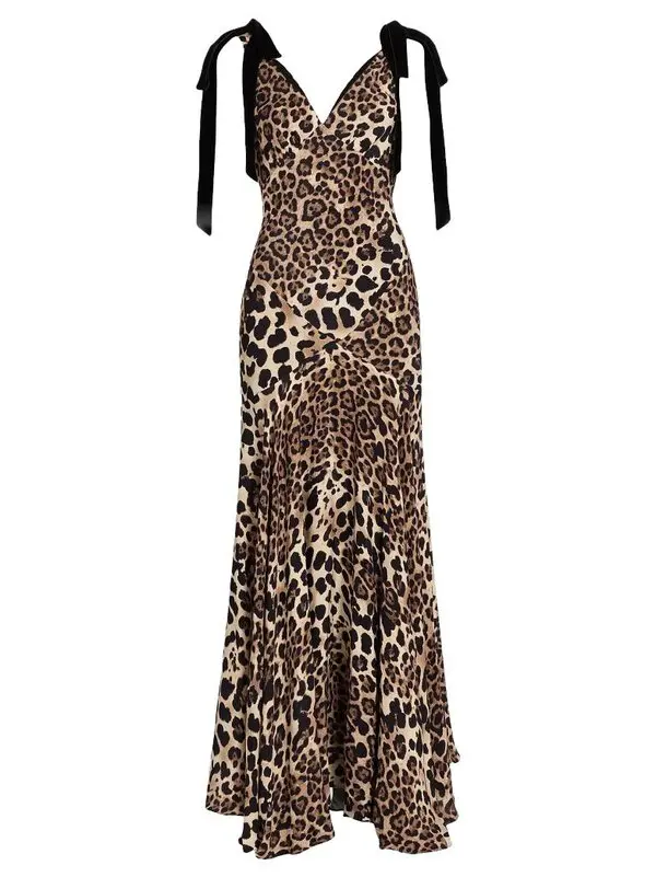 RODARTE Leopard Print Silk Bow-strap Gown - Brown