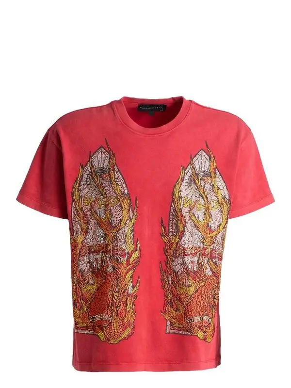 WHO DECIDES WAR Rhinestone Flame Glass Jersey T-shirt - Ruby