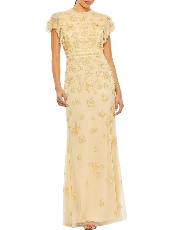 Mac Duggal High Neck Flutter-sleeve Floral Embellished Gown - Butter