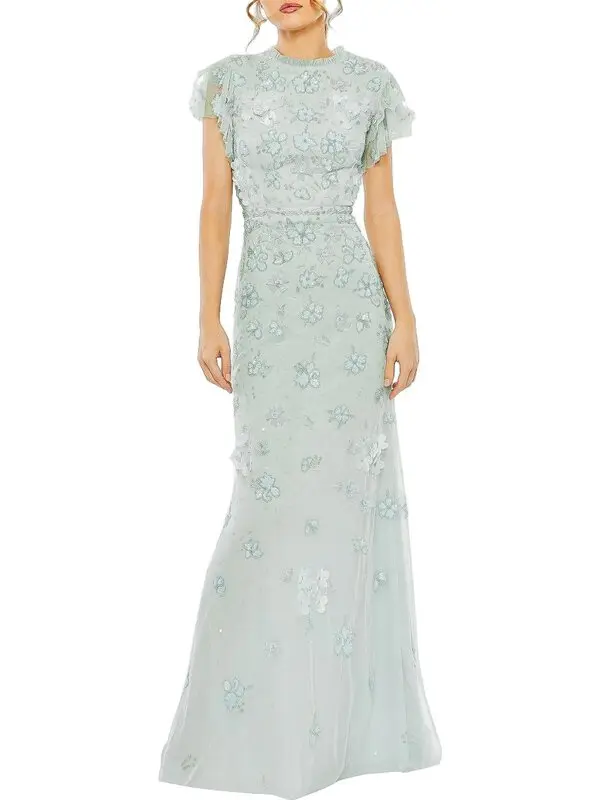 Mac Duggal High Neck Flutter-sleeve Floral Embellished Gown - Periwinkle