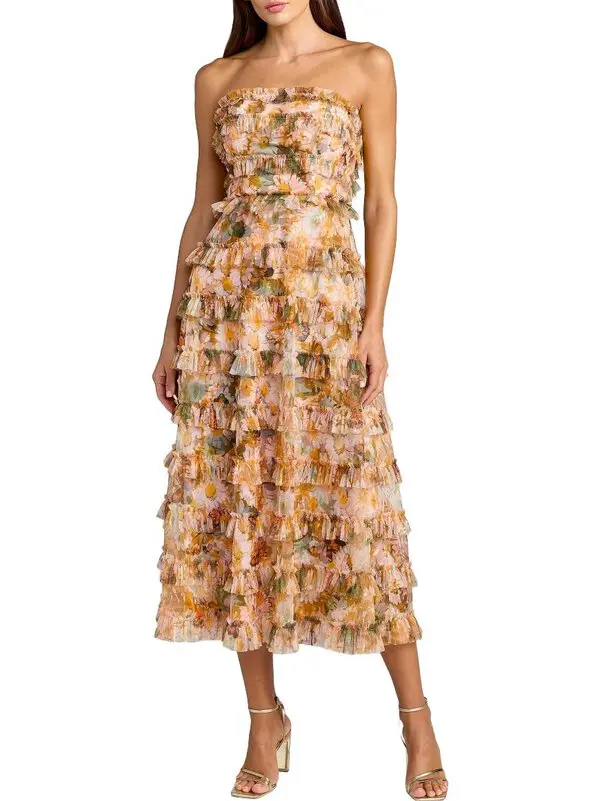 Mac Duggal Ruffled Strapless Maxi Dress - Gold Multi