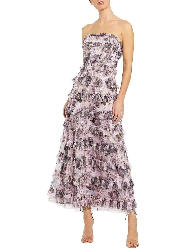 Mac Duggal Ruffled Strapless Maxi Dress - Purple Multi