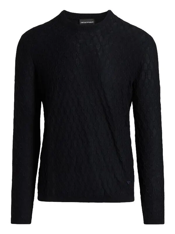 Emporio Armani Textured Wool Jacquard Crewneck Sweater - Navy