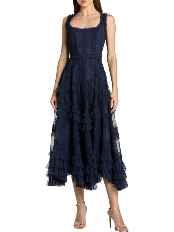 Mac Duggal Mesh Ruffled Scoopneck Midi-dress - Midnight