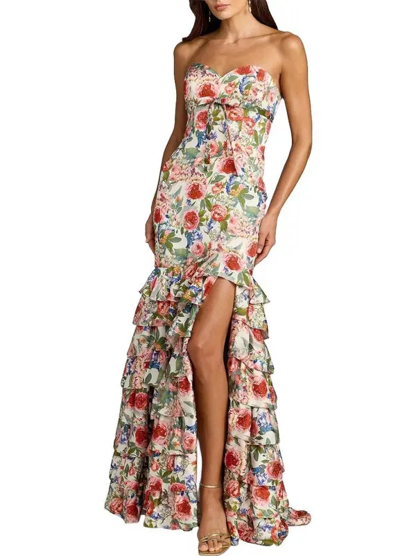 Mac Duggal Floral Charmeuse Ruffle Mermaid Gown - Ivory Multi