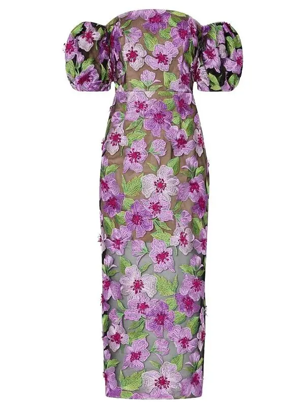MILLY Nira Floral-embroidered Off-the-shoulder Midi-dress - Pink Multi