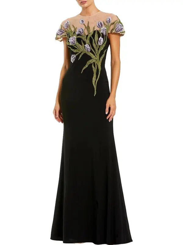 Mac Duggal Petite Floral-embroidered Illusion Neck Mermaid Gown - Black Multi