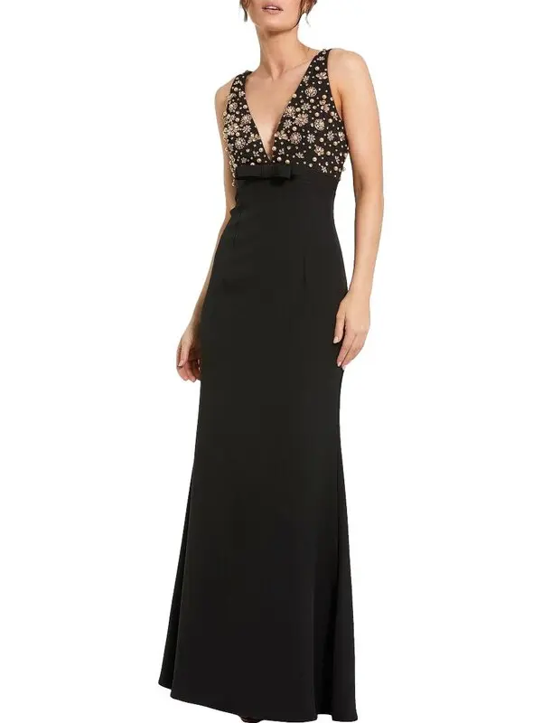 Mac Duggal Petite Embellished Crepe V-neck Gown - Black