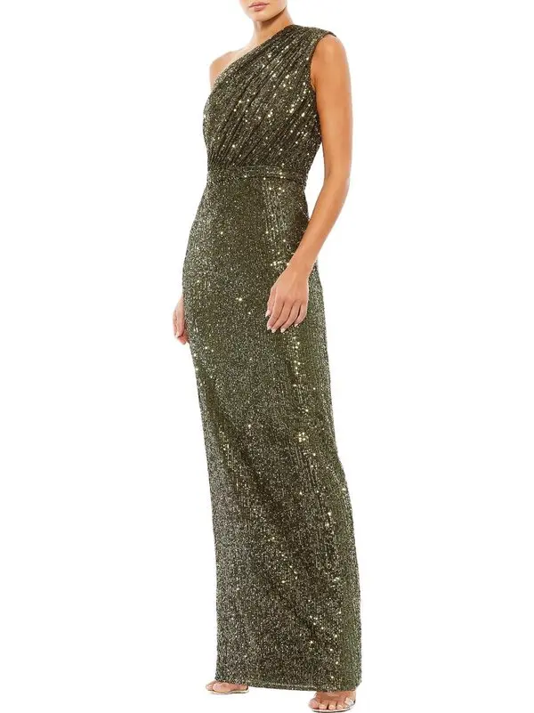 Mac Duggal Ieena Sequined One-shoulder Gown - Olive
