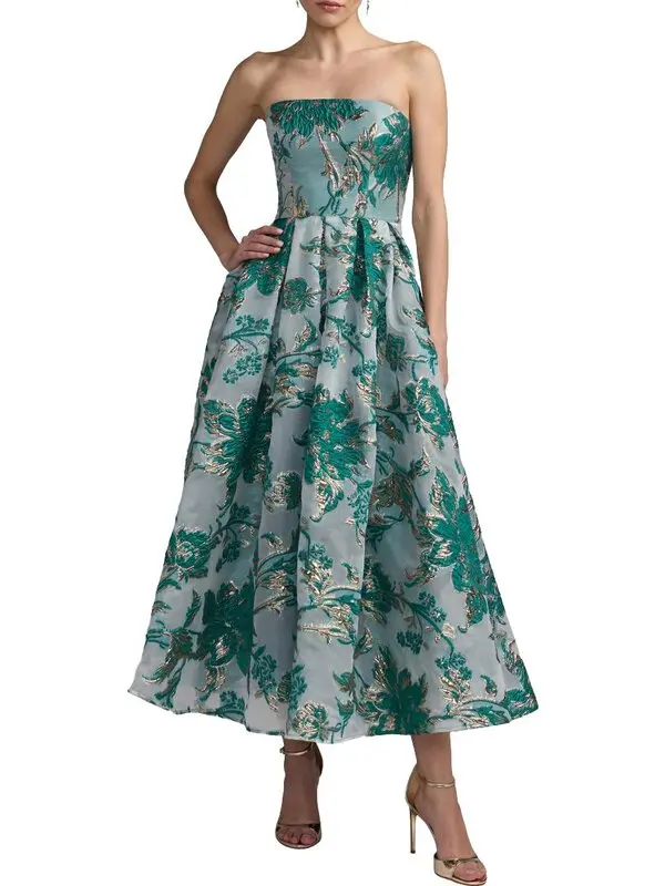 Mac Duggal Petite Floral Brocade Fit & Flare Strapless Midi-dress - Teal