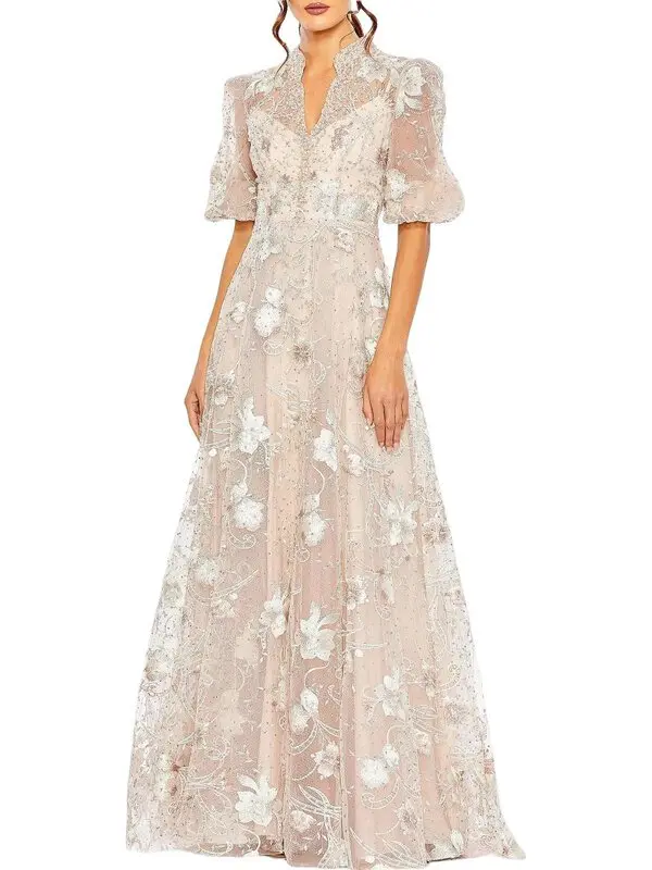 Mac Duggal Petite Floral Embroidered A-line V-neck Gown - Blush