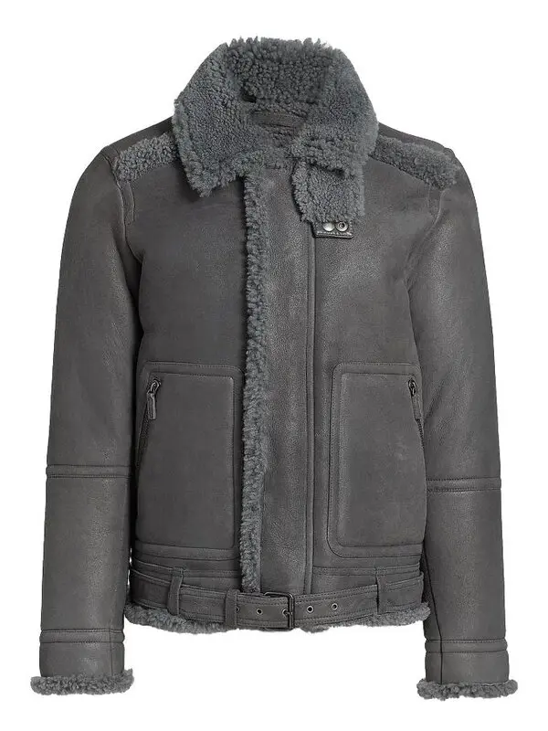 SAKS FIFTH AVENUE Collection Shearling Moto Bomber Jacket - Grey