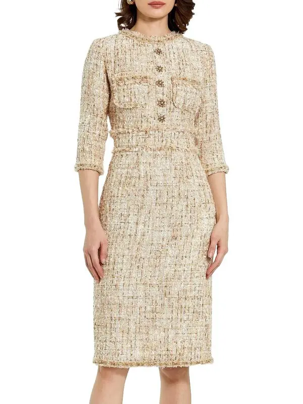 Mac Duggal Petite Embellished Tweed Round-neck Midi-dress - Blush