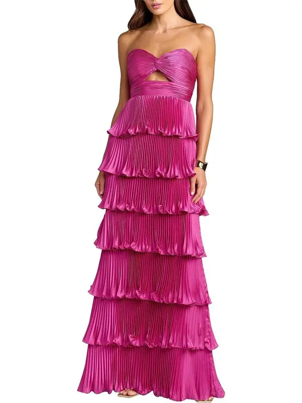 Mac Duggal Petite Tiered Pleated Charmeuse Strapless Ruffle Gown - Fuchsia