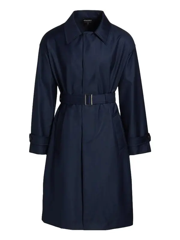 Emporio Armani Wool Belted Trench Coat - Blue