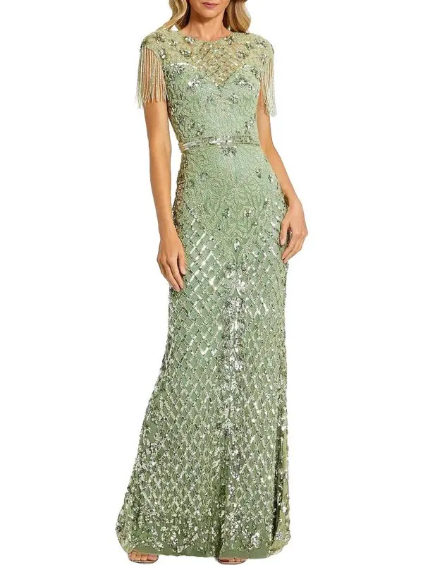 Mac Duggal Petite Embellished Fringe Column Gown - Sage