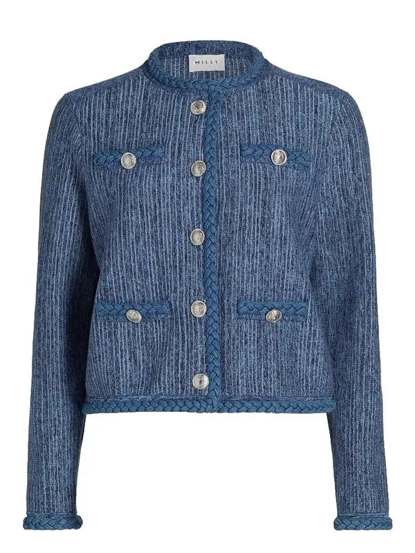 MILLY Shayne Pinstriped Knit Crewneck Cardigan - Blue Multi