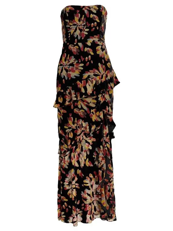 MILLY Raelynn Confetti Burnout Velvet Ruffle Maxi Dress - Black Multi