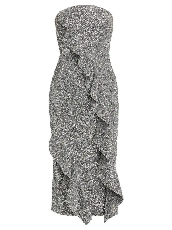 MILLY Katy Sequin Ruffle Strapless Cocktail Dress - Silver