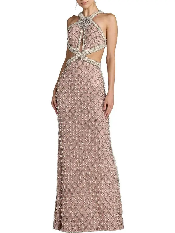 Mac Duggal Embellished Cut-out Halterneck Gown - Light Rose