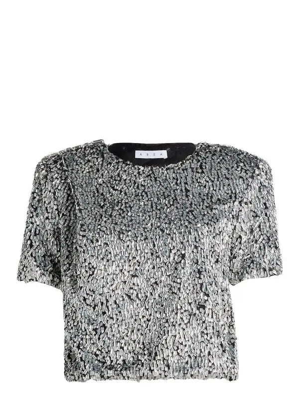 AREA Metallic Beaded Crop T-shirt - Silver