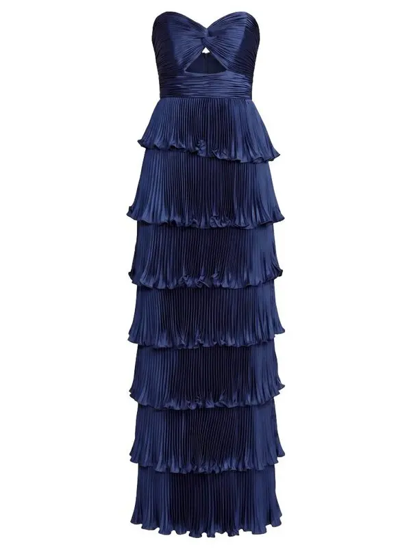 Mac Duggal Ieena Pleated Charmeuse Strapless Tiered Ruffle Gown - Navy