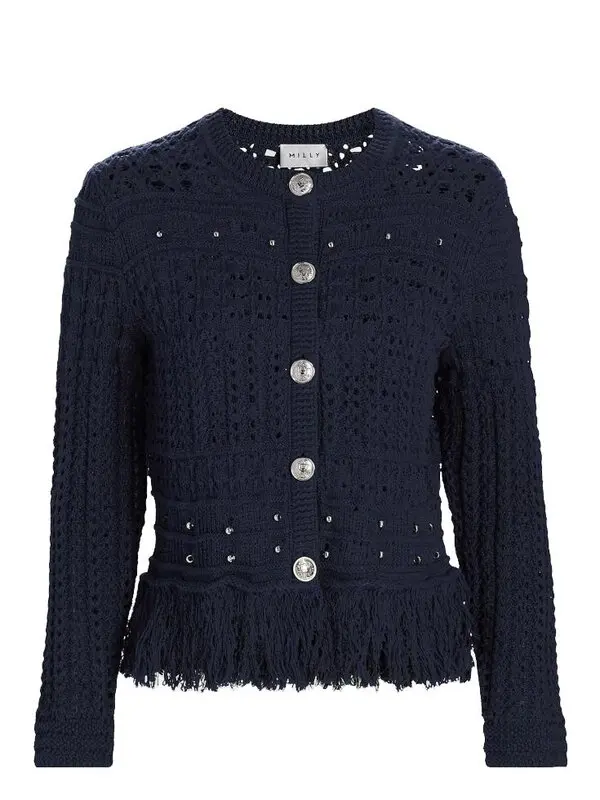 MILLY Beaded Fringe Cardigan Jacket - Navy