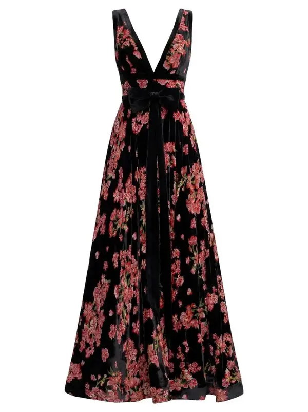 Mac Duggal Floral Velvet Plunging V-neck Ball Gown - Black Multi