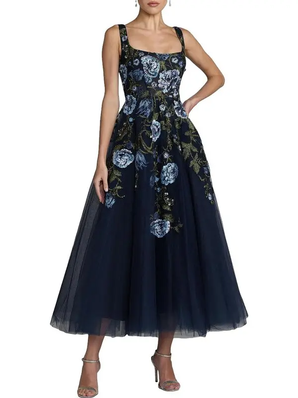 Mac Duggal Floral Embroidered Tulle Tea-length Cocktail Dress - Blue Multi