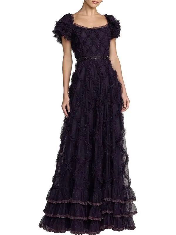 Mac Duggal Ruffled Mesh Short-sleeve Gown - Midnight