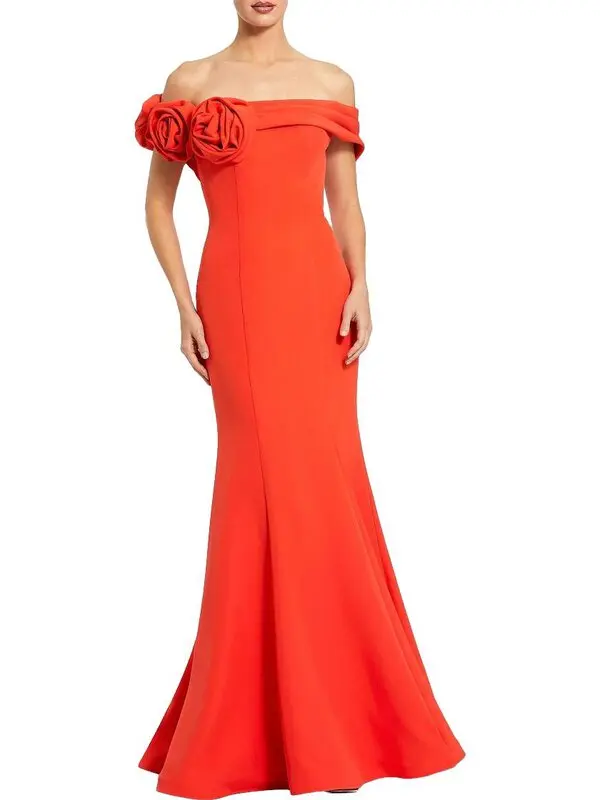 Mac Duggal Ieena One Satin Off-the-shoulder Gown - Cayenne