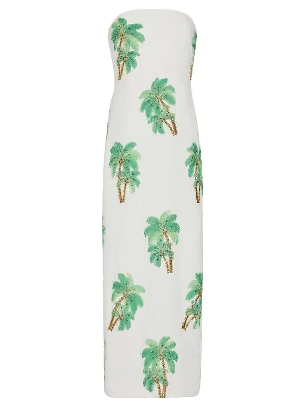 MILLY Clara Palm Embellished Strapless Maxi Dress - White Multi
