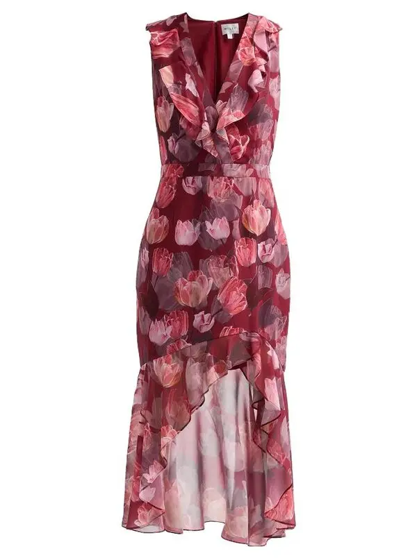 MILLY Nanci Ruffled Floral V-neck Midi Dress - Red Multi