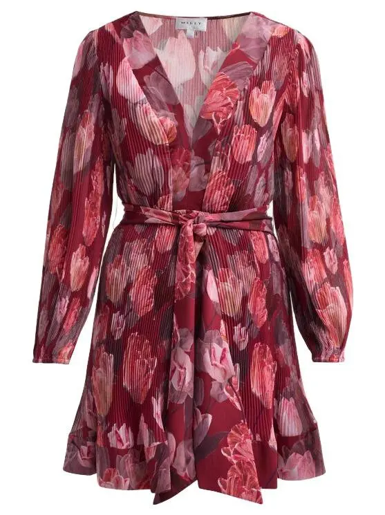MILLY Liv Floral Pleated Tie-waist Mini Dress - Red Multi
