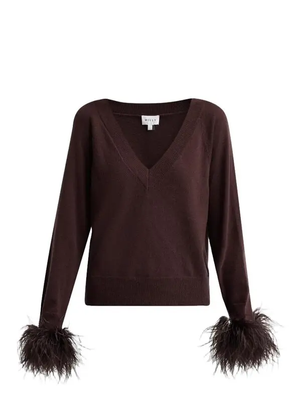 MILLY Feather Cuff V-neck Sweater - Brown