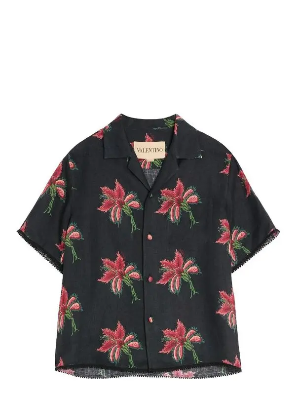 Valentino Garavani Linen Bowling Shirt With Papier Floral Print - Black Red