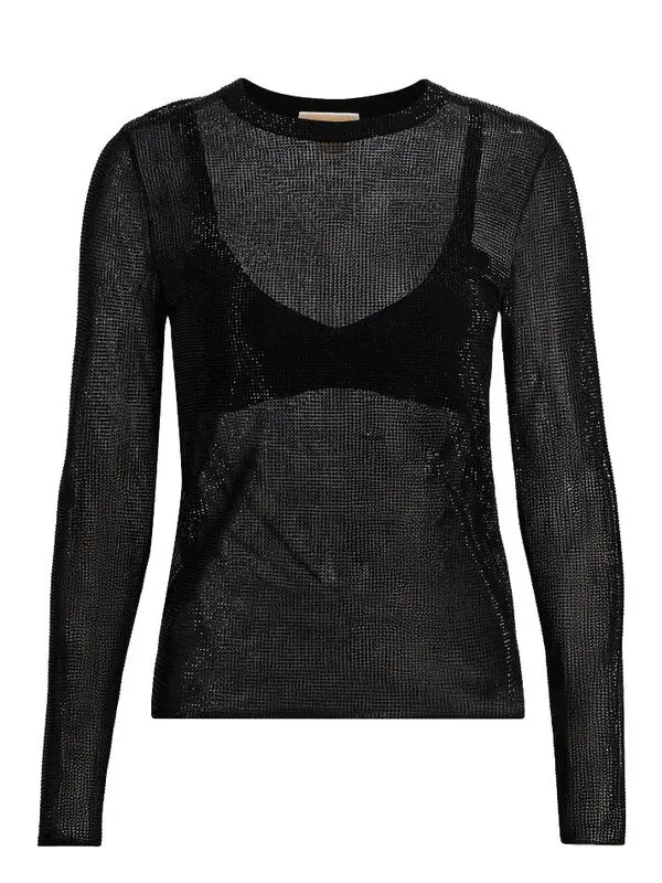 Michael Kors Gem Fitted Long Crewneck Top - Black