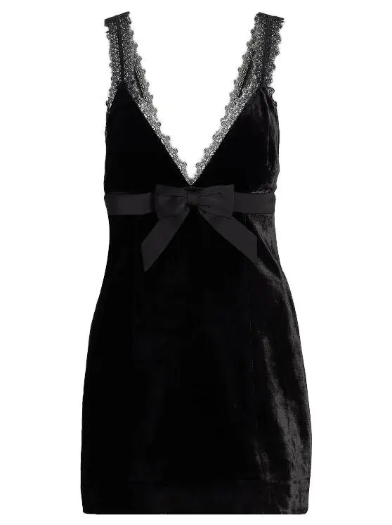 Ronny Kobo Emmi Lace-trim Bow Velvet Minidress - Black