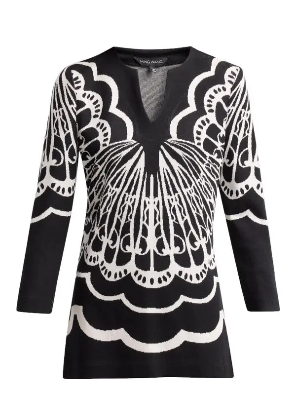 Ming Wang Aria Abstract Jacquard Tunic - Black