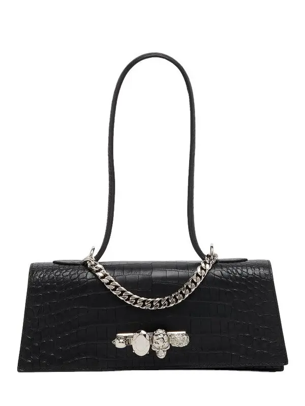 Alexander McQueen Jewelled Croc-embossed Leather Top Handle Bag - Black