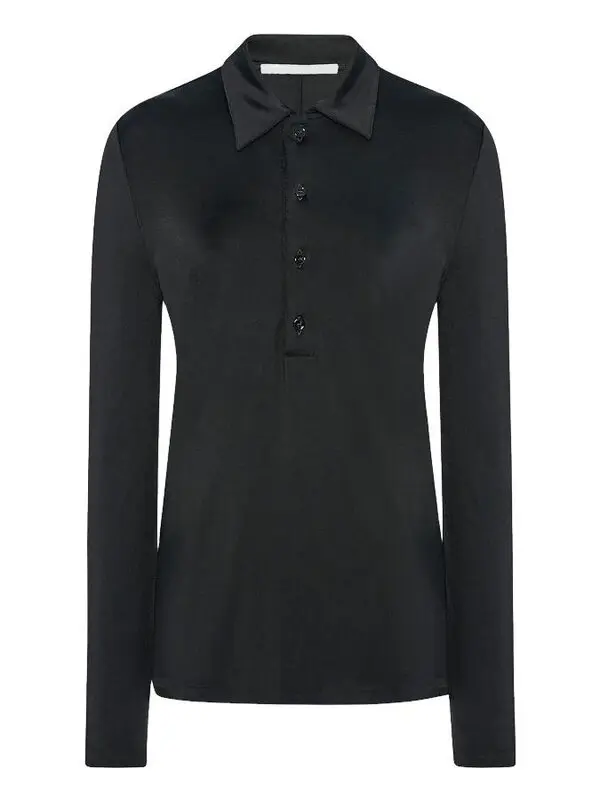 Another Tomorrow Fluid Long Sleeve Polo Top - Black
