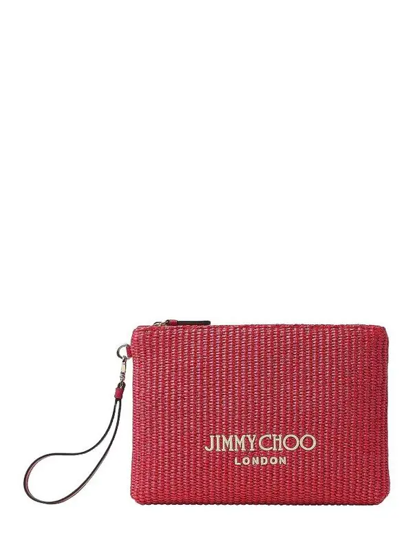 JIMMY CHOO Riviera Capsule Raffia Flat Pouch - Ruby Red