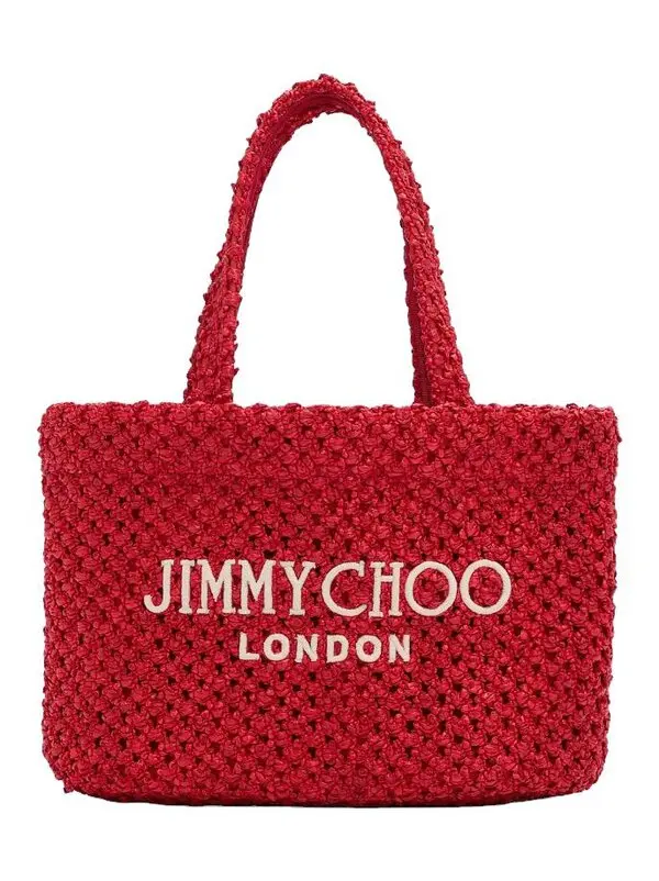 JIMMY CHOO Riviera Capsule Mini Logo-embroidered Raffia Beach Tote Bag - Ruby Red