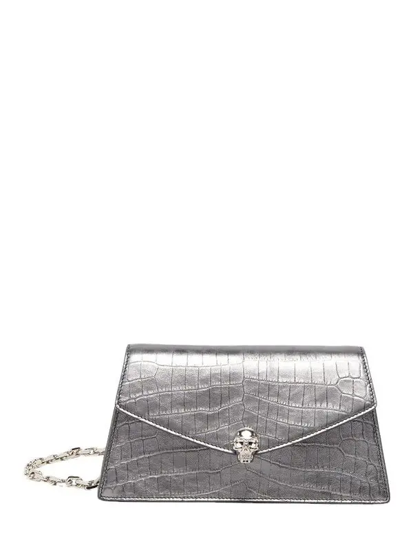 Alexander McQueen Skull Mini Crocodile-embossed Metallic Leather Shoulder Bag - Cloud