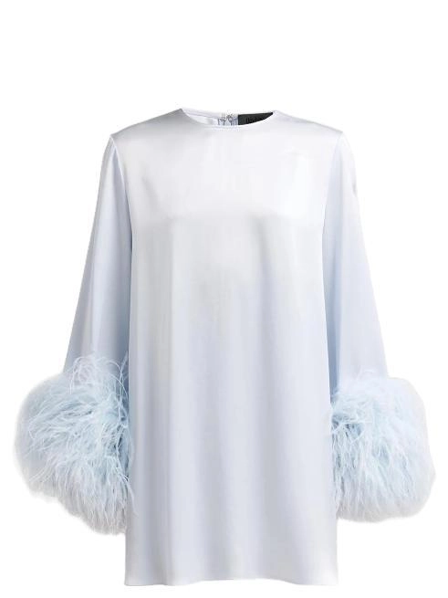 Lapointe Satin Feather-cuff Shift Mini Dress - Cloud